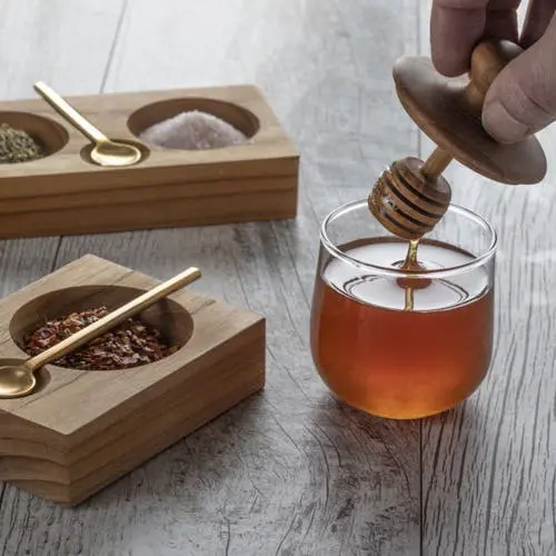 BE HOME Teak & Glass Honey Jar