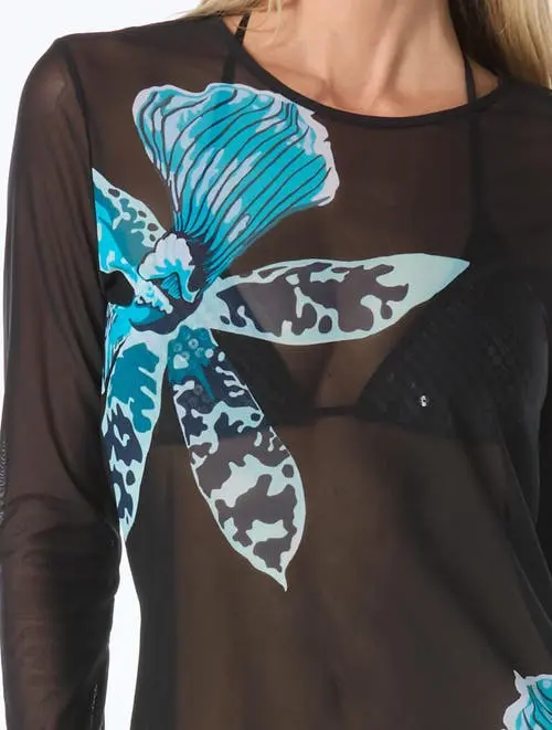 Vince Camuto Mesh Long Sleeve Orchid Print Cover-up Dress
