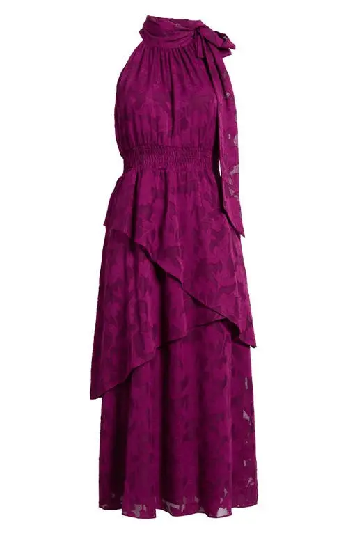 Anne Klein Floral Jacquard Asymmetric Tiered Midi Dress - Beet