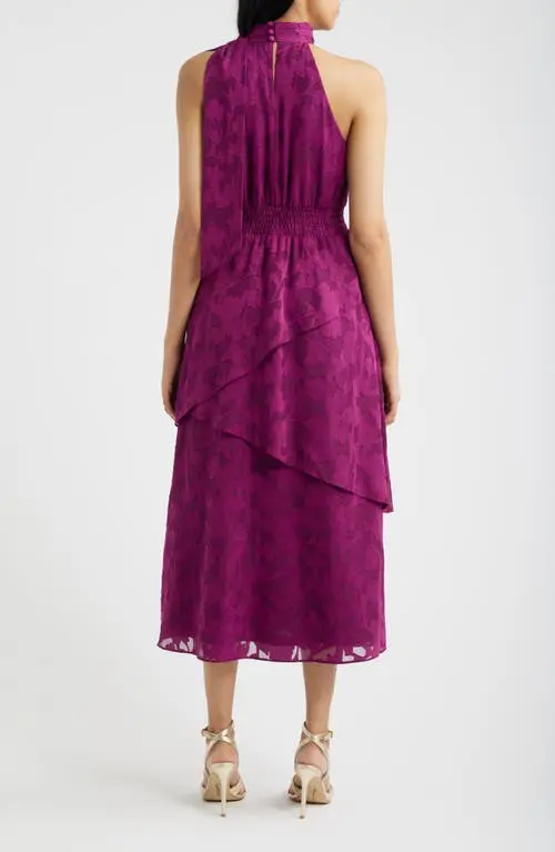 Anne Klein Floral Jacquard Asymmetric Tiered Midi Dress