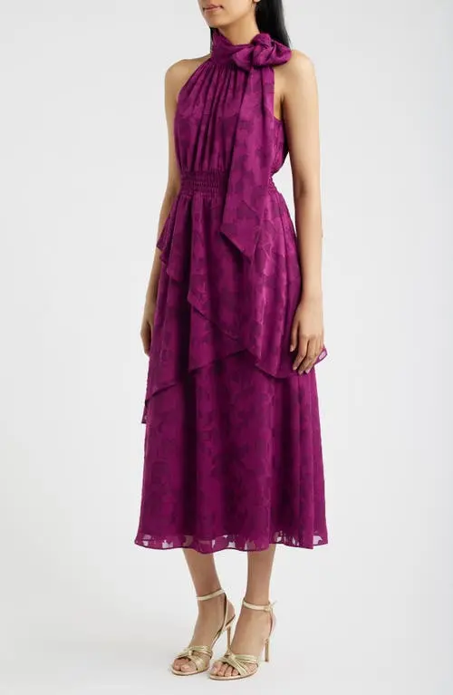 Anne Klein Floral Jacquard Asymmetric Tiered Midi Dress
