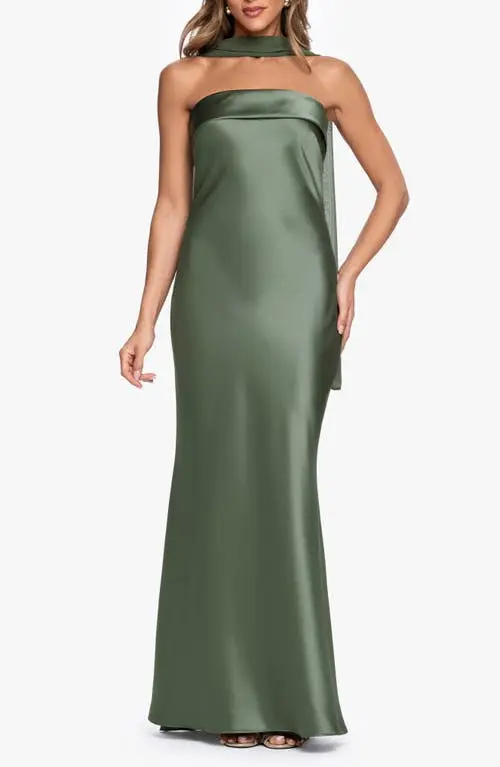 XSCAPE EVENINGS Strapless Satin Gown With Chiffon Scarf - Olive