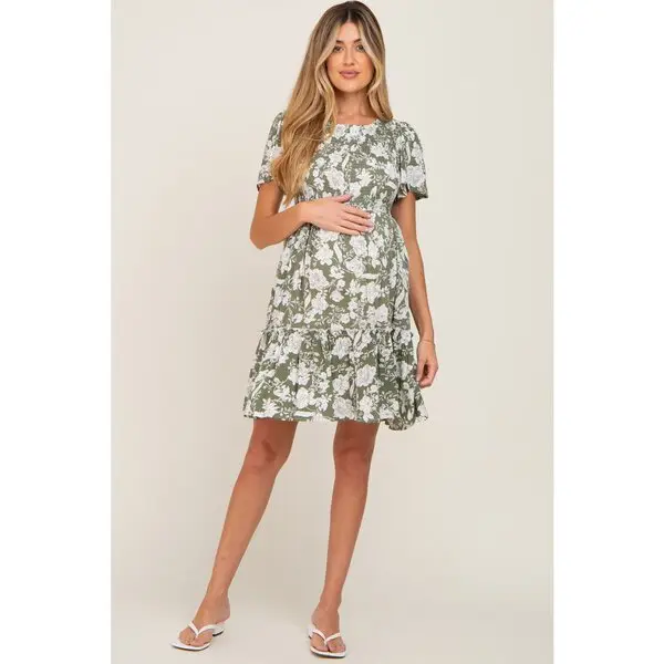 PINKBLUSH Floral Smocked Maternity Dress With Ruffle Accents
