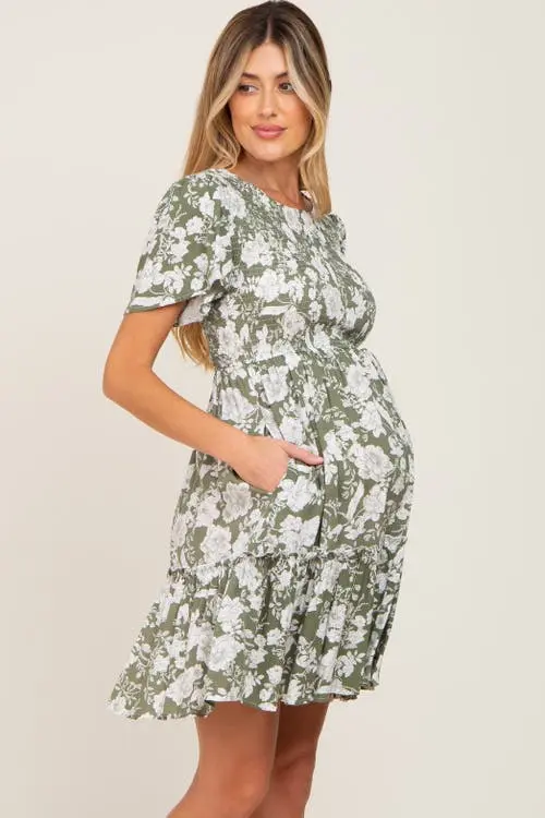 PINKBLUSH Floral Smocked Maternity Dress With Ruffle Accents