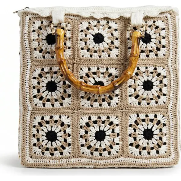 SOLOMON & SAGE Handmade Crochet Granny Square Bag With Hoop Handle - Beige Multi