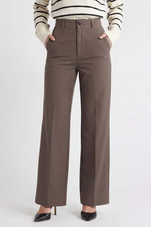 SOLOMON & SAGE Organic Cotton Blend Wide Leg Tailored Pants - Mocha