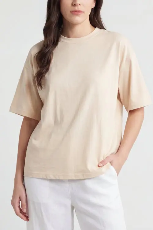 SOLOMON & SAGE Cotton Relaxed Crewneck Drop Shoulder T-shirt - Cream