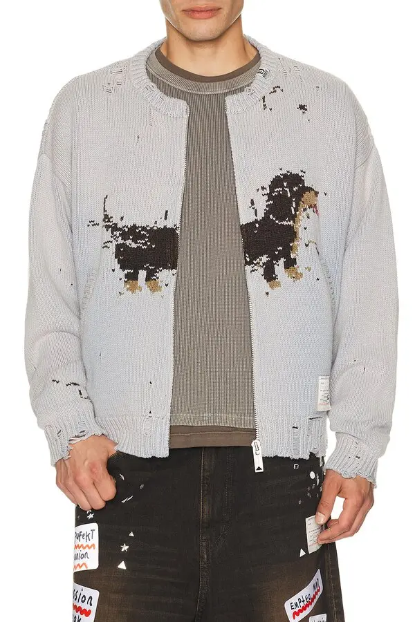 Mihara Yasuhiro Dog Jacquard Zip-up Knit Cardigan