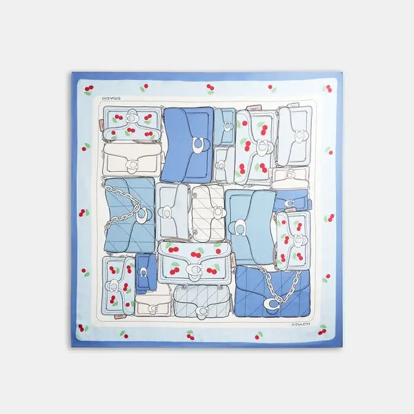COACH Tabby Cherry Print Silk Square Scarf - Denim/red Multi