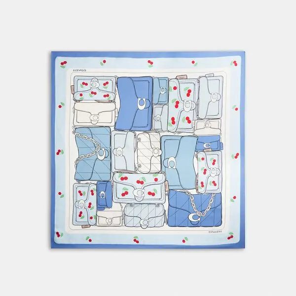 COACH Tabby Cherry Print Silk Square Scarf - Denim/red Multi