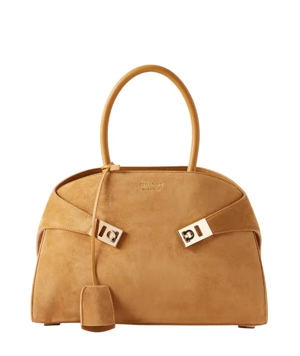 FERRAGAMO Hug Small Suede Tote With Leather Trim - Brown