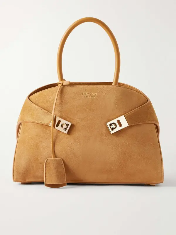 FERRAGAMO Hug" Small Embellished Leather-trimmed Suede Tote - Tan
