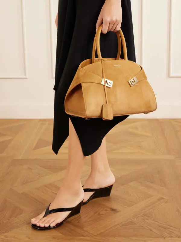 FERRAGAMO Hug" Small Embellished Leather-trimmed Suede Tote - Tan