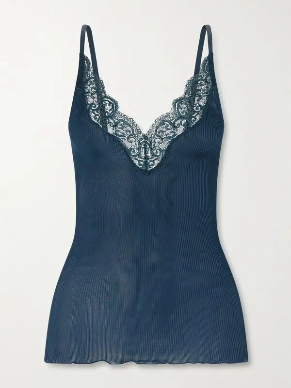 Saint Laurent Lace-trimmed Ribbed Silk-jersey Tank - Green