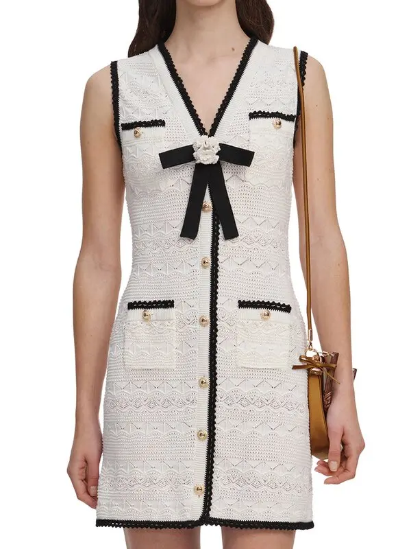 SELF-PORTRAIT Quilted Knit Mini Dress With Bow Detail