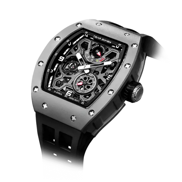 TSAR BOMBA Automatic Tonneau Sport Watch With Fkm Rubber Strap - Titanium Silver