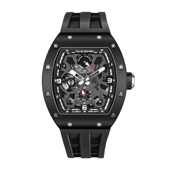 TSAR BOMBA Automatic Tonneau Sport Watch With Fkm Rubber Strap - Titanium Silver