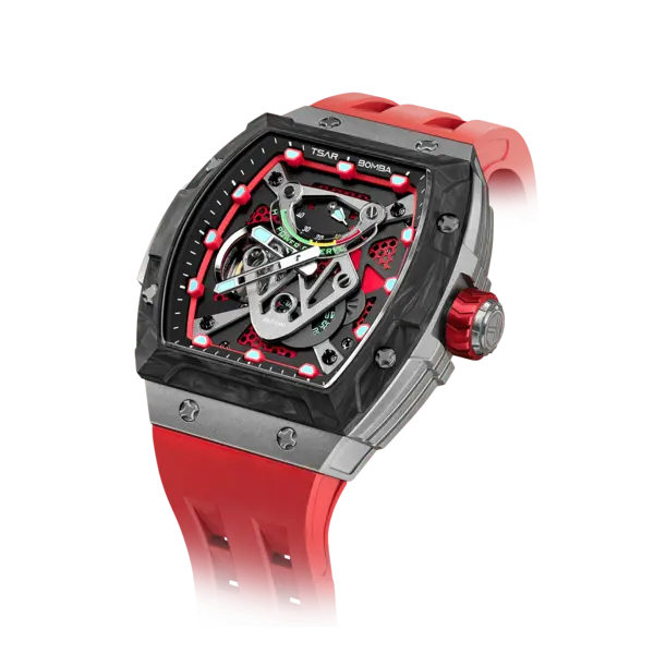 TSAR BOMBA Automatic Mechanical Watch With Forged Carbon Fiber Tonneau Case And Skeleton Dial - Red