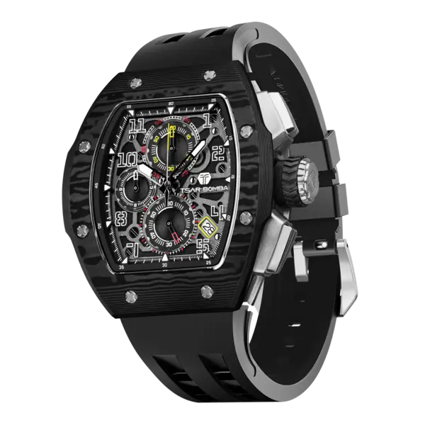 TSAR BOMBA Atomic Zirconia Bezel Tonneau Watch - Black