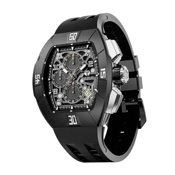TSAR BOMBA Atomic Tb8214-cubic Zirconia Bezle And Strap Men’s Fashion Watch, Tonneau-style, With A Zirconia Bezel And Interchangeable Accessories, 316l Stainless Steel Case, 10atm Water Resistance, Premium Grade A Luminescent Coating, And Sapphire Crystal—truly Stunning - Black