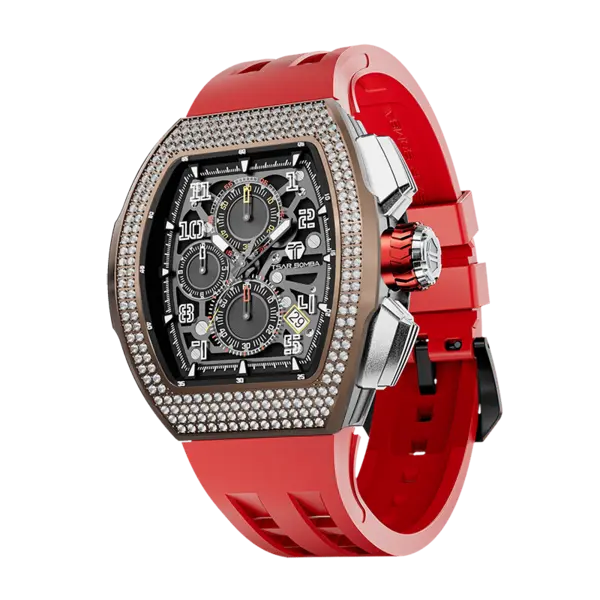 TSAR BOMBA Atomic Tb8214-cubic Zirconia Bezle And Strap Men’s Fashion Watch, Tonneau-style, With A Zirconia Bezel And Interchangeable Accessories, 316l Stainless Steel Case, 10atm Water Resistance, Premium Grade A Luminescent Coating, And Sapphire Crystal—truly Stunning - Red