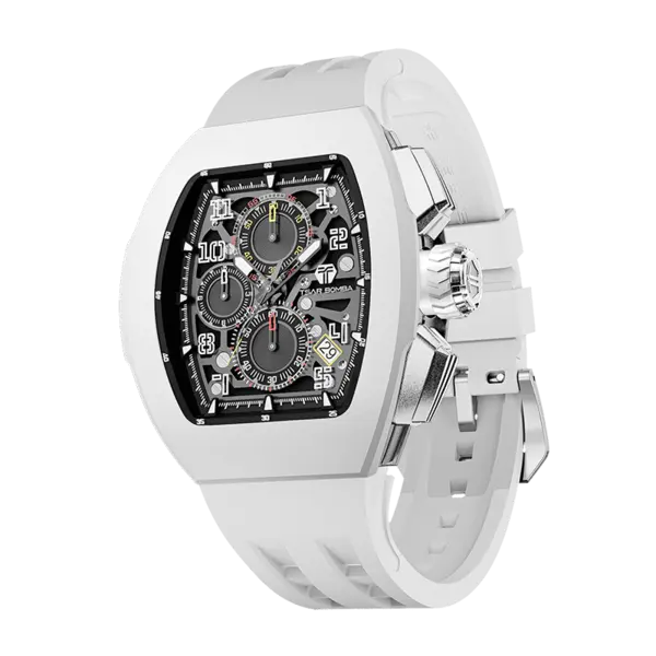 TSAR BOMBA Atomic Tb8214d-cubic Zirconia Bezle And Strap,men’s Fashion Watch, Tonneau-style, With A Zirconia Bezel And Interchangeable Accessories, 316l Stainless Steel Case, 10atm Water Resistance, Premium Grade A Luminescent Coating, And Sapphire Crystal—truly Stunning - White