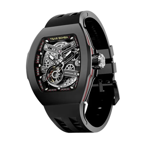 TSAR BOMBA Automatic Skeleton Tonneau Watch With Sapphire Crystal And Rubber Strap - Black