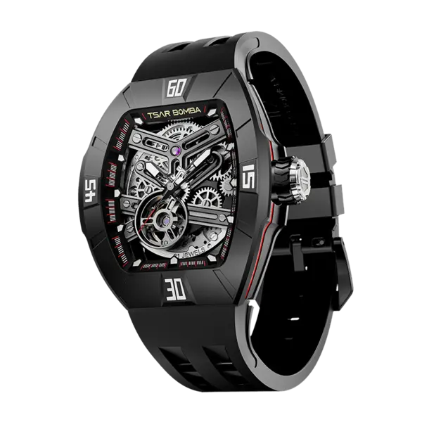 TSAR BOMBA Atomic Tb8218cf Fashion Watch, Miyota Automatic Mechanical Movement, Tonneau-style Case, Carbon Fiber Bezel And 316l Stainless Steel Case, Interchangeable Watches Interchangeable Strap And Cezel And Crown；10atm Water Resistance, High-quality Grade A Luminescent Coating, Sapphire Crystal - Black