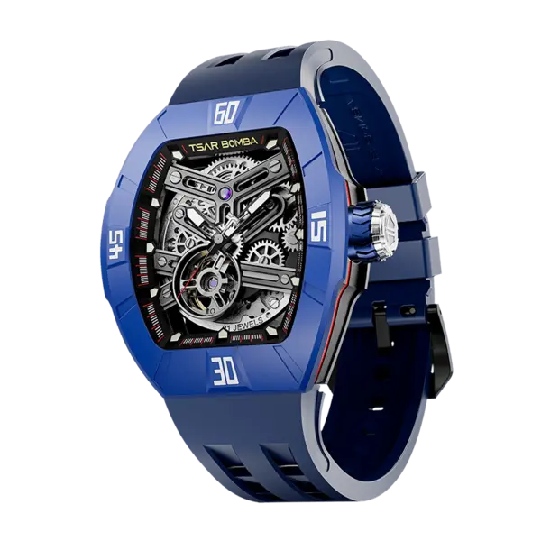 TSAR BOMBA Atomic Tb8218d—men’s Fashion Watch, Miyota Automatic Mechanical Movement, Tonneau-style Case, Zirconia Bezel And Interchangeable Accessories, 316l Stainless Steel Case, 10atm Water Resistance, High-quality Grade A Luminescent Coating, Sapphire Crystal - Blue