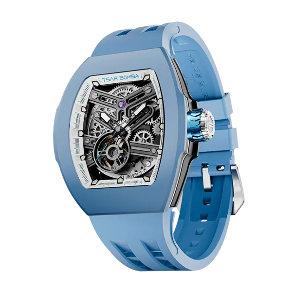 TSAR BOMBA Automatic Skeleton Tonneau Watch With Sapphire Crystal And Rubber Strap - Light Blue