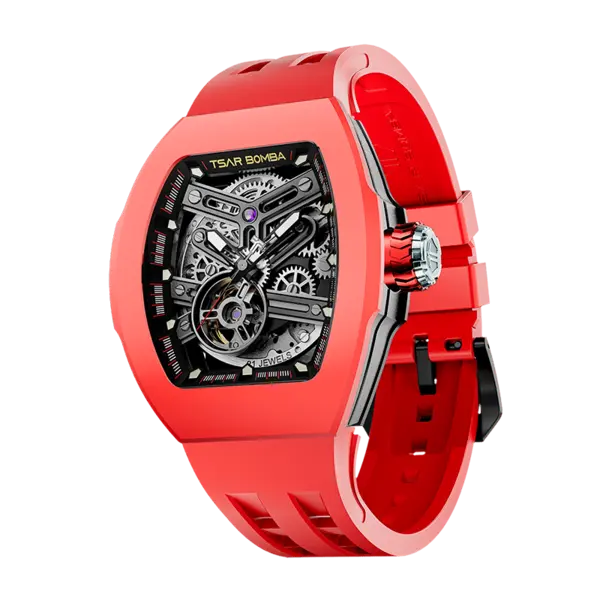 TSAR BOMBA Automatic Skeleton Tonneau Watch With Sapphire Crystal And Rubber Strap - Red