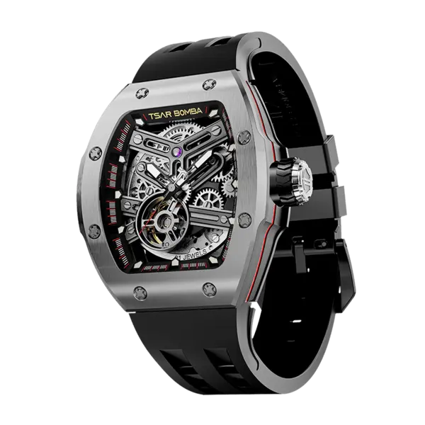 TSAR BOMBA Automatic Skeleton Tonneau Watch With Sapphire Crystal And Rubber Strap - Silver
