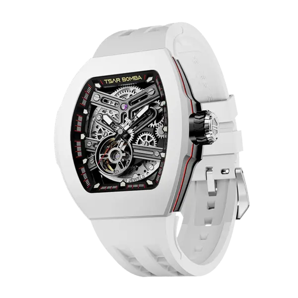 TSAR BOMBA Automatic Skeleton Tonneau Watch With Sapphire Crystal And Rubber Strap - White 2