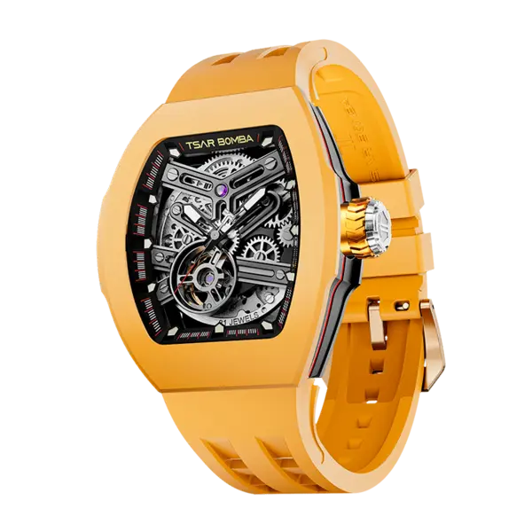 TSAR BOMBA Automatic Skeleton Tonneau Watch With Sapphire Crystal And Rubber Strap - Yellow