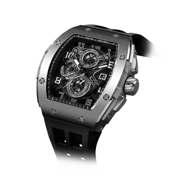 TSAR BOMBA Chronograph Watch With Tonneau Case - Silver Black