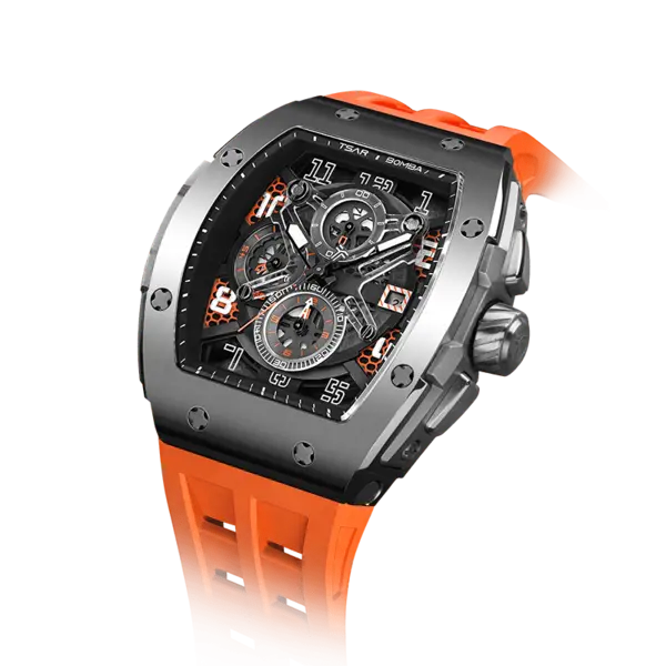 TSAR BOMBA Chronograph Watch With Tonneau Case - Silver Orange