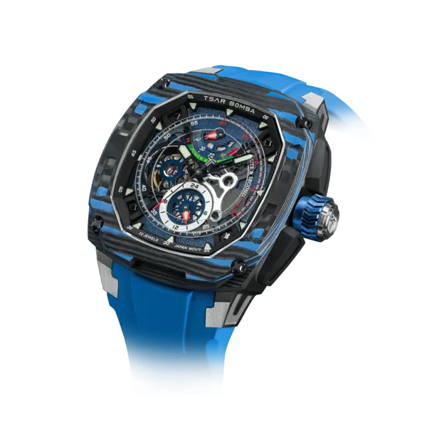 TSAR BOMBA Automatic Tonneau Watch With Carbon Fiber Bezel And Titanium Case - Blue