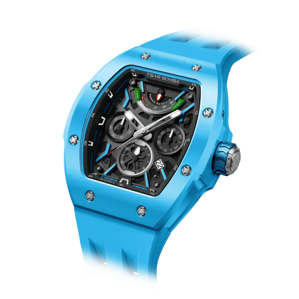 TSAR BOMBA Ceramic Automatic Chronograph Watch With Skeleton Dial - Blue