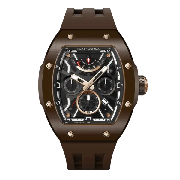 TSAR BOMBA Ceramic Automatic Chronograph Watch With Skeleton Dial - Brown