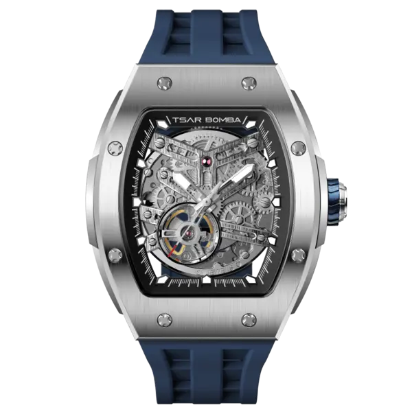 TSAR BOMBA Automatic Skeleton Dial Tonneau Watch - Silver Blue