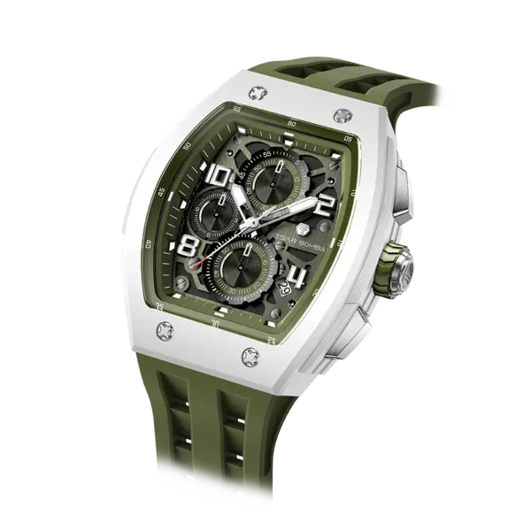 TSAR BOMBA Tonneau Stainless Steel Chronograph Watch With Date Calendar - Olive