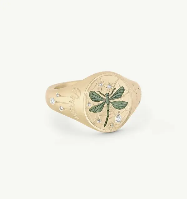 CECE JEWELLERY Dragonfly Signet Ring In 18ct With Enamel And Diamonds - Gold
