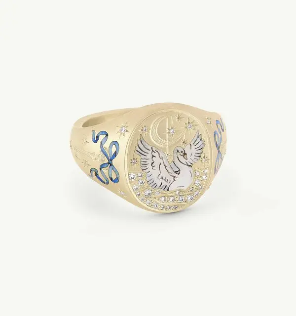 CECE JEWELLERY Swan Lake Signet Ring In 18k With Enamel And Diamonds - Gold