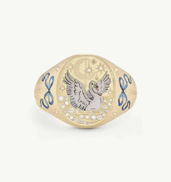 CECE JEWELLERY Swan Lake Signet Ring In 18k With Enamel And Diamonds
