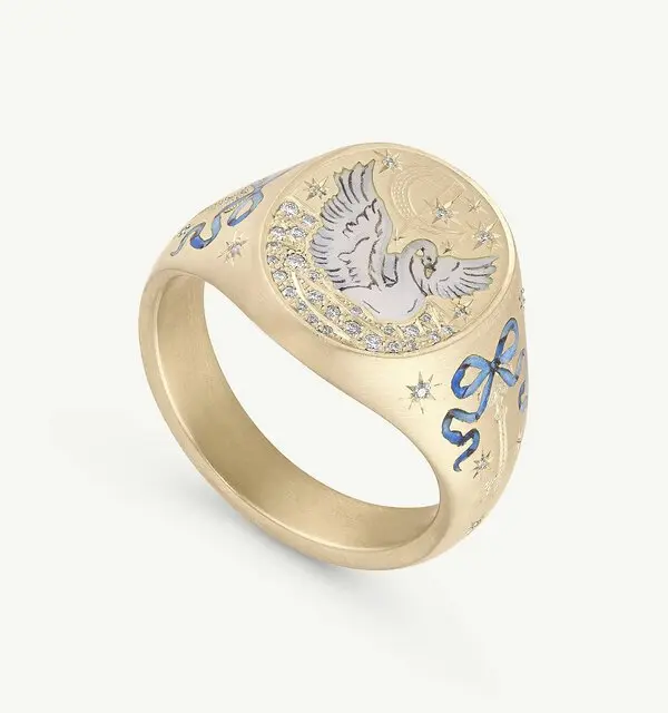 CECE JEWELLERY Swan Lake Signet Ring In 18k With Enamel And Diamonds