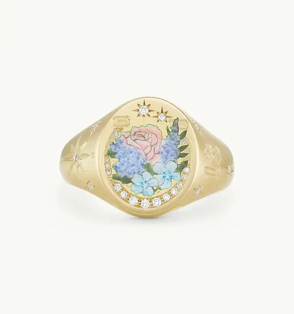 CECE JEWELLERY Wildflower Wanderer 18ct Yellow Signet Ring With Enamel And Diamonds