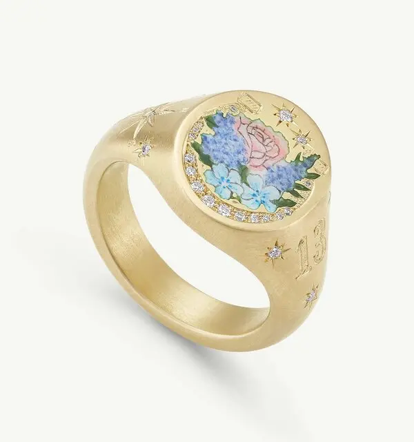 CECE JEWELLERY Wildflower Wanderer 18ct Yellow Signet Ring With Enamel And Diamonds