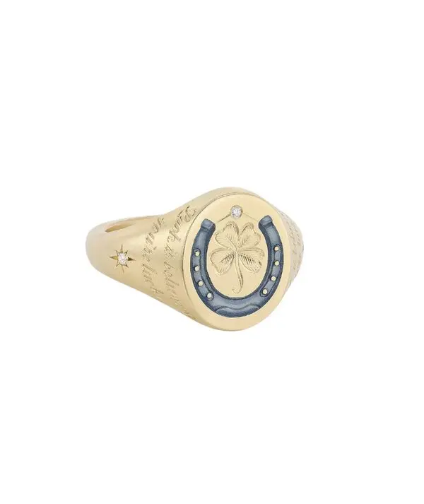 CECE JEWELLERY 18k Horseshoe Clover Signet Ring With Enamel And Diamond - Gold