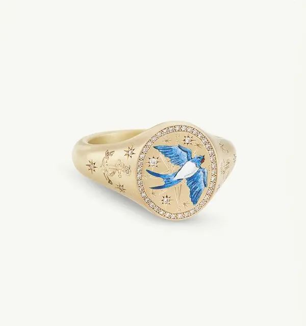CECE JEWELLERY Adventurer Ring With Enamel Swallow And Diamonds - Gold