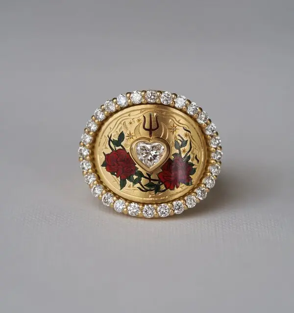 CECE JEWELLERY 18ct Yellow Heart-shaped Diamond And Enamel Devil's Trident Ring
